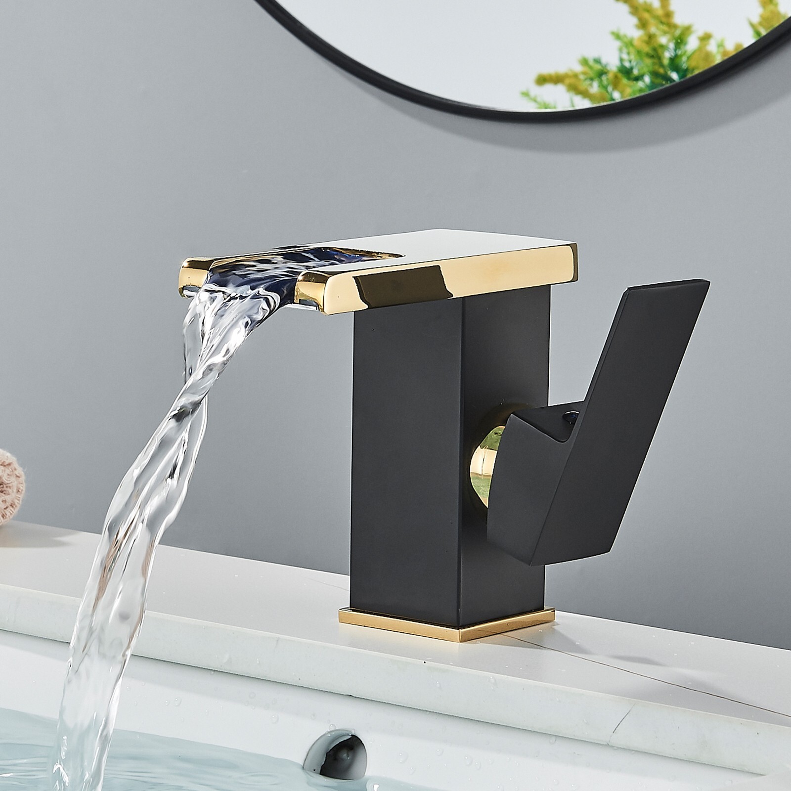Black&Gold Waterfall LED Bathroom Faucet lavatory Vanity One Hole Sink ...