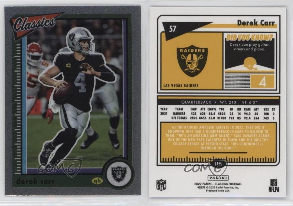 2022 Panini Classics Premium Edition Derek Carr #57 0o2b | eBay