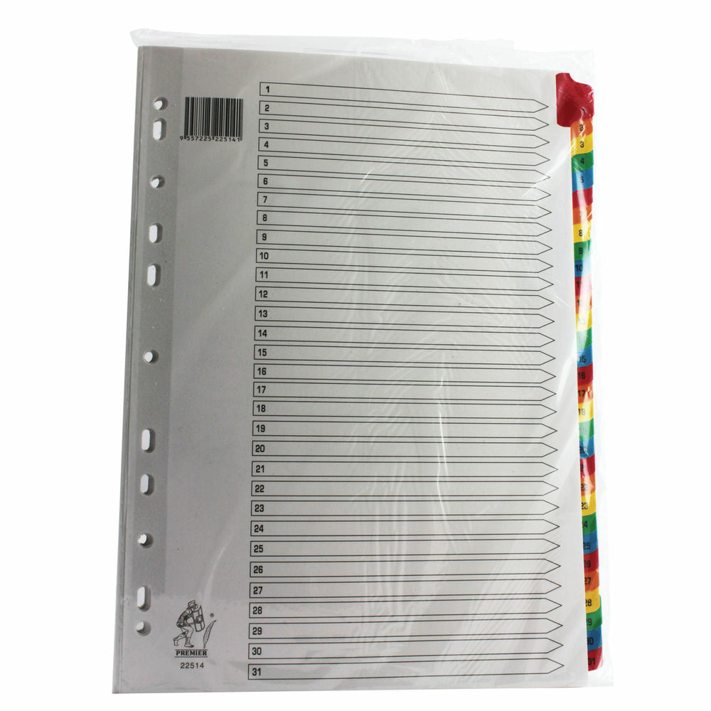 A4 Multi Coloured Mylar 1-31 Numbered Index Subject File Folder ...
