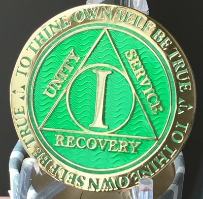 1 Year AA Medallion Green Gold Plated Alcoholics Anonymous Sobriety ...