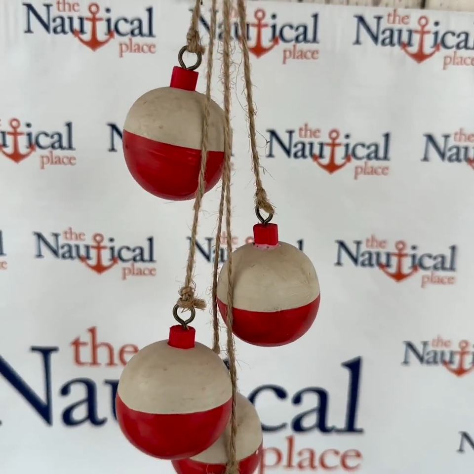 5 Wood Bobbers On Jute Rope, Distressed Red & White Fish Net Floats ...