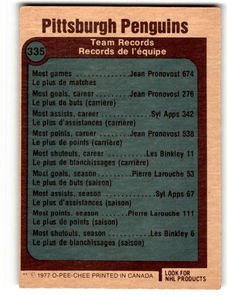 1977-78 O-Pee-Chee Pittsburgh Penguins Records #335 Pittsburgh Penguins ...