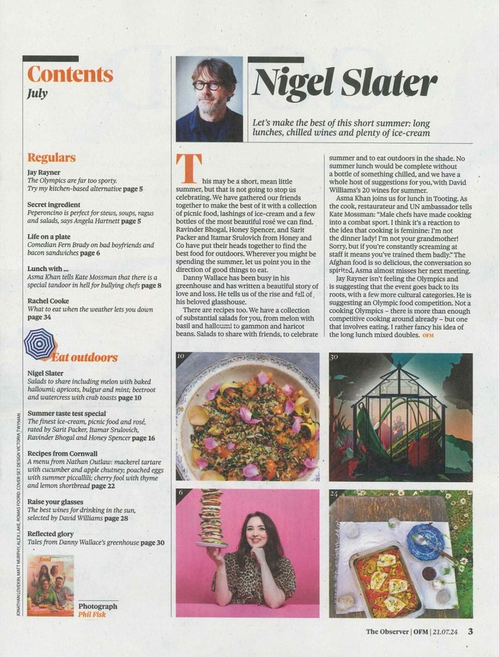 UK Observer Magazine Food Monthly Fern Brady, N.Slater, Summer Recipes ...