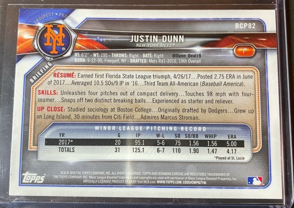 2018 Bowman Chrome Justin Dunn #BCP82 Baseball Card Refractor New York ...