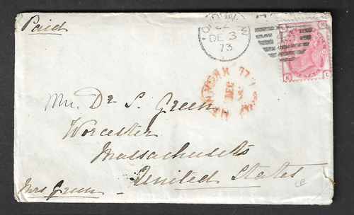 London England 1873 cover with 3p rose plate 11 to USA, 7 page Ceylon ...