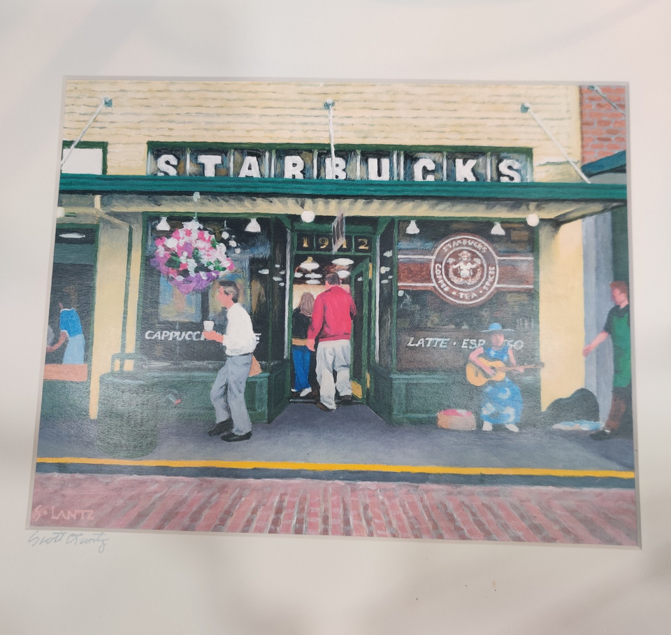 Seattle Landmark Original Starbucks Art Print Matted Signed Scott Lantz ...