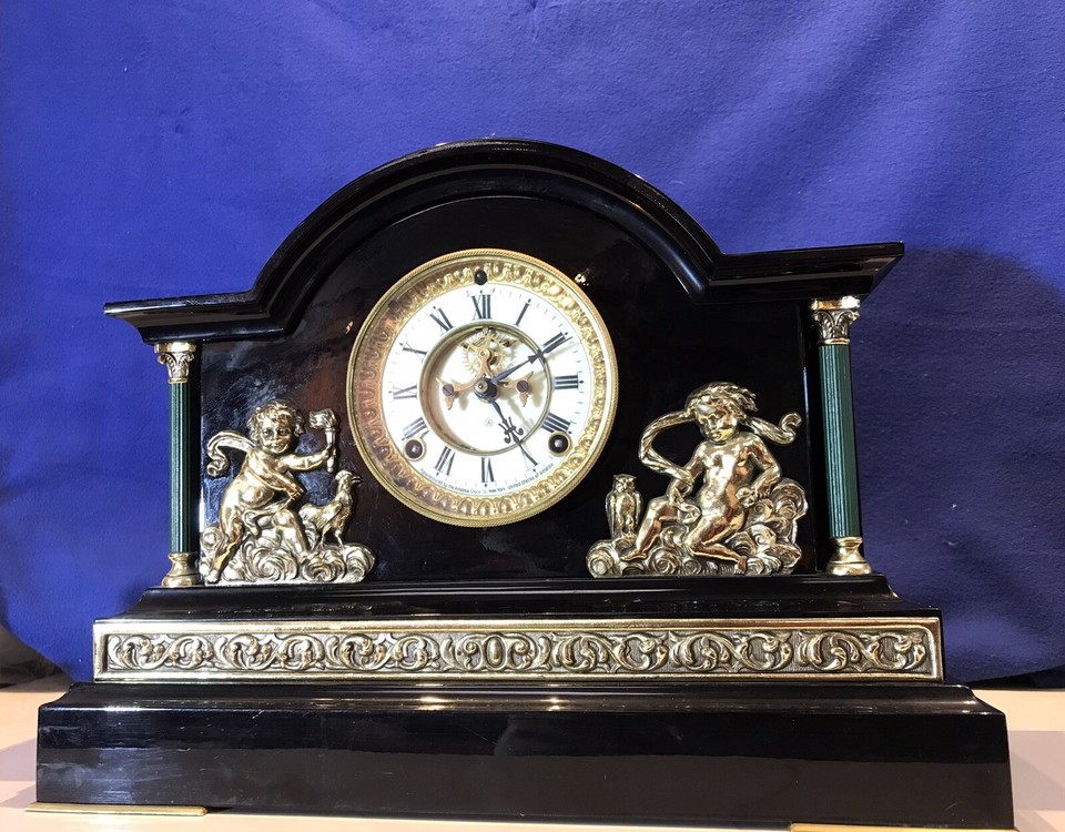 1882 VINTAGE ANTIQUE CAST IRON ANSONIA KEY WOUND STRIKES ANGEL CLOCK ...