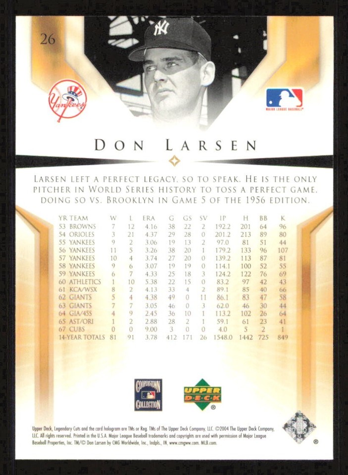 2004 SP Legendary Cuts DON LARSEN Base Baseball card NEW YORK YANKEES ...