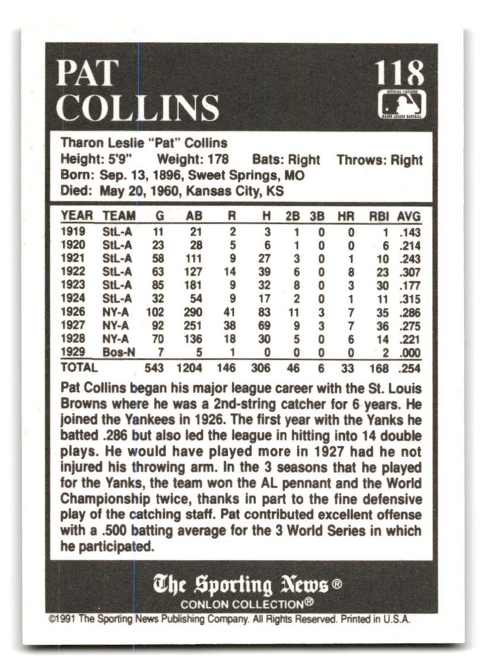 Pat Collins 1991 Conlon Collection TSN Baseball #118 New York Yankees ...