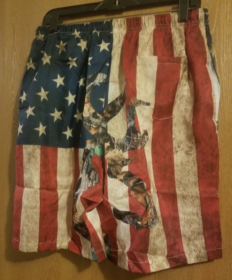 Browning Camo Deer American Flag Swim Trunks Shorts Mens L Drawstring ...