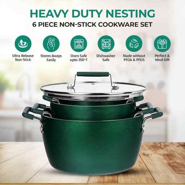 6Piece Emerald Green Aluminum Durable Nonstick Granite Pots Pans Coated ...
