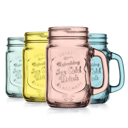 Mason Jar Drinking Glasses Set Of 4, 15 oz. Colored Mugs With Embossed ...