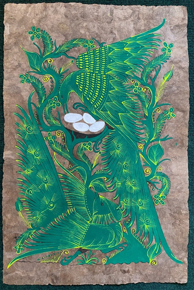 15 1/2 X 23" Mexican Folk Art Amate Bark Painting Aztec Love Bird ...