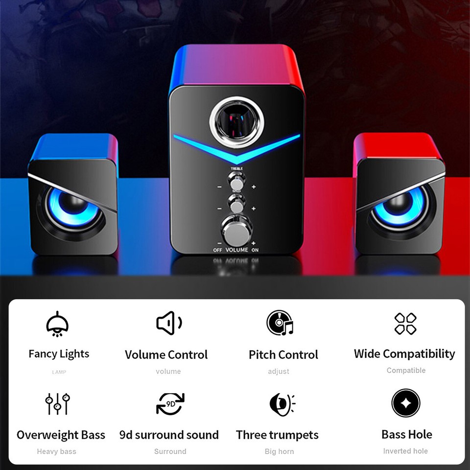 USB Computer Speakers System Stereo Bass Subwoofer LED for Desktop ...