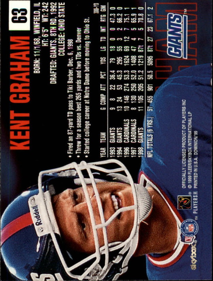 1999 SkyBox Dominion Football Card #63 Kent Graham | eBay