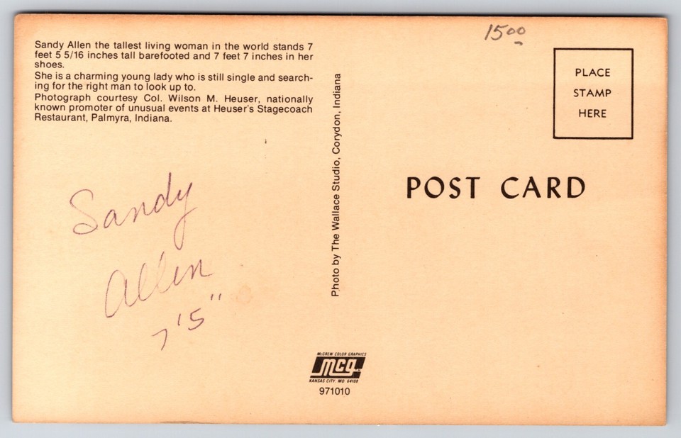 Sandy Allen World's Tallest Woman Palmyra Indiana IN Chrome c1970s ...