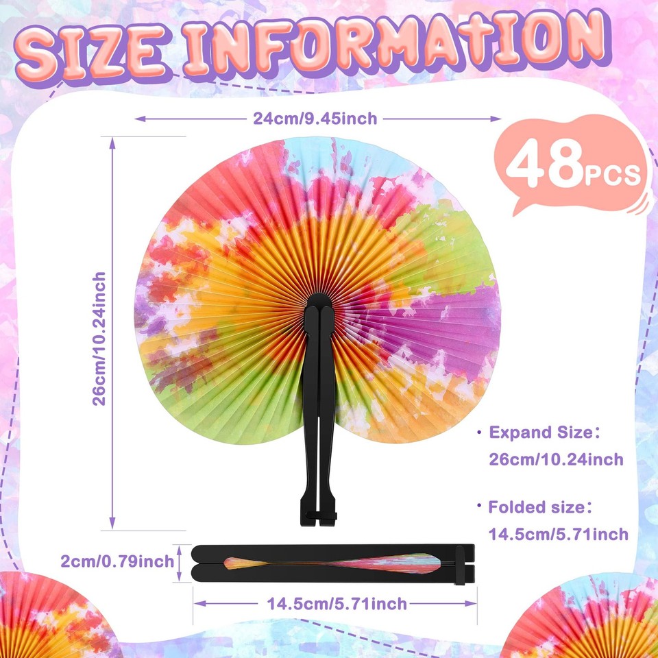 48 Pack Folding Paper Hand Fans Tie Dye Round Decorative Handheld Fans ...
