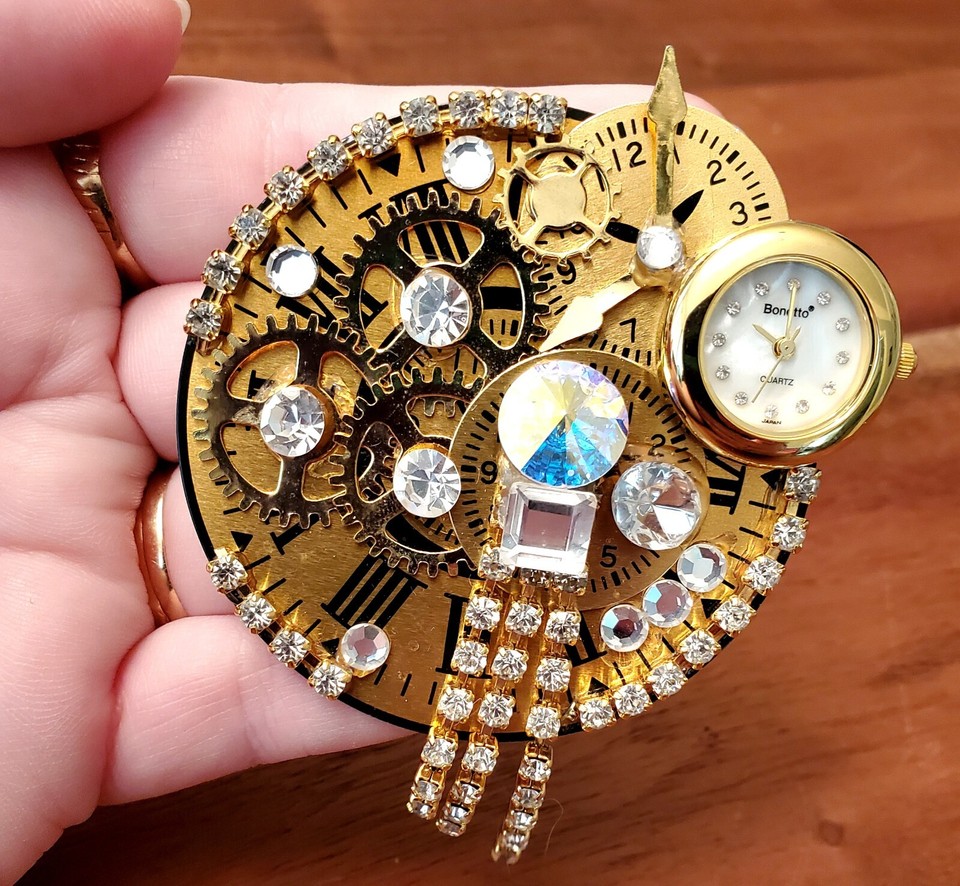 Bonetto Watch Brooch Rhinestones Clock Gears Steampunk Style | eBay