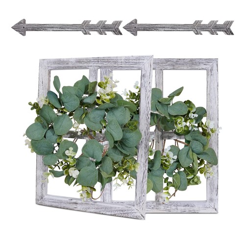 Rustic Wood Window Frame with Green Wreath and Arrows Wall Decor ...