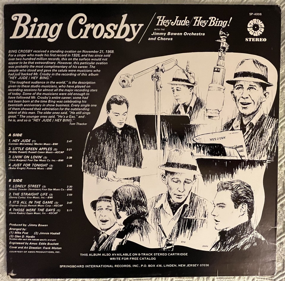BING CROSBY “Hey Jude/Hey Bing" LP/Springboard Records 1969 SP 4008 ...