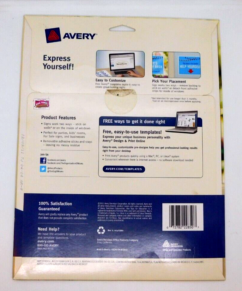 Avery Wall and Window Signage 8 1/2 x 11 Labels 22850 5 Sheets Ink Jet ...