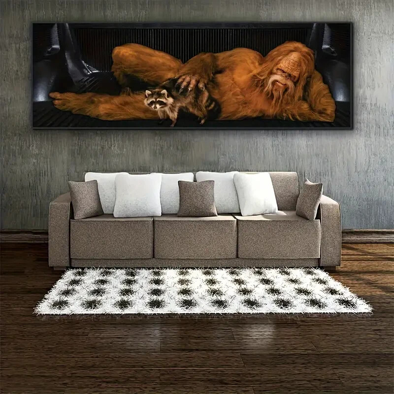 Bigfoot with Raccoon - Unframed Canvas Print - 36" x 12" - Sasquatch at ...