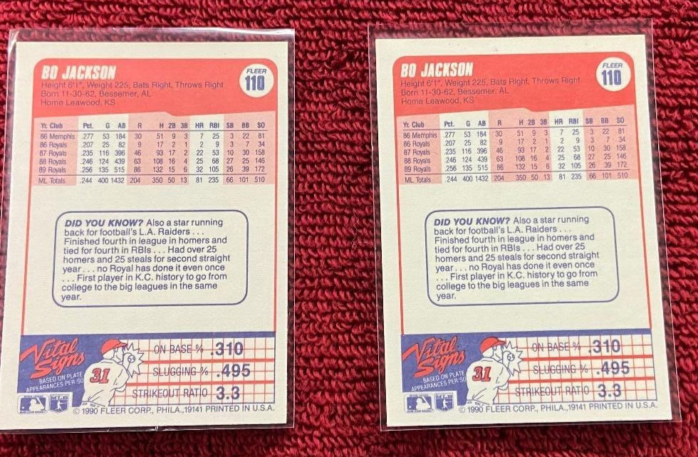 1990 Fleer BO JACKSON #110 Defect, VERY UNIQUE, 1 OF A KIND Lt card ...