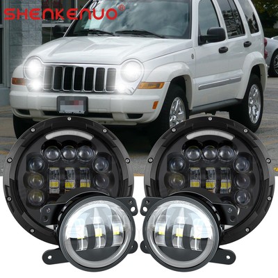 7" LED Headlights 4" Fog Lights Combo For 2003 2004 2005 2006 2007 Jeep ...
