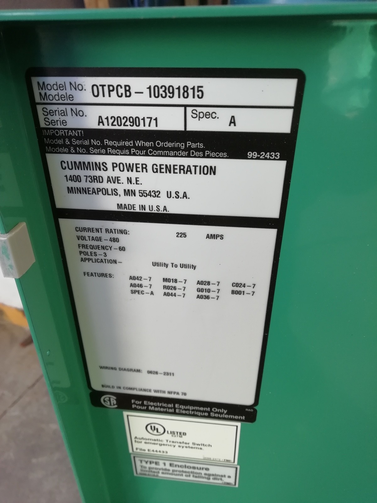 Cummins Onan - OTPC Automatic Transfer Switch 225 Amp - Utility to ...