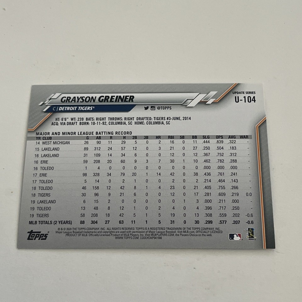 2020 Topps Update #U-104 Grayson Greiner Detroit Tigers | eBay