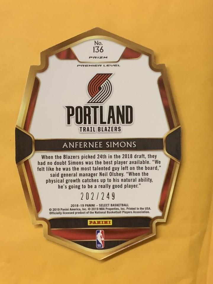 2018-19 Panini Select Anfernee Simons RC /249 Blue Prizm Die Cut 136 ...