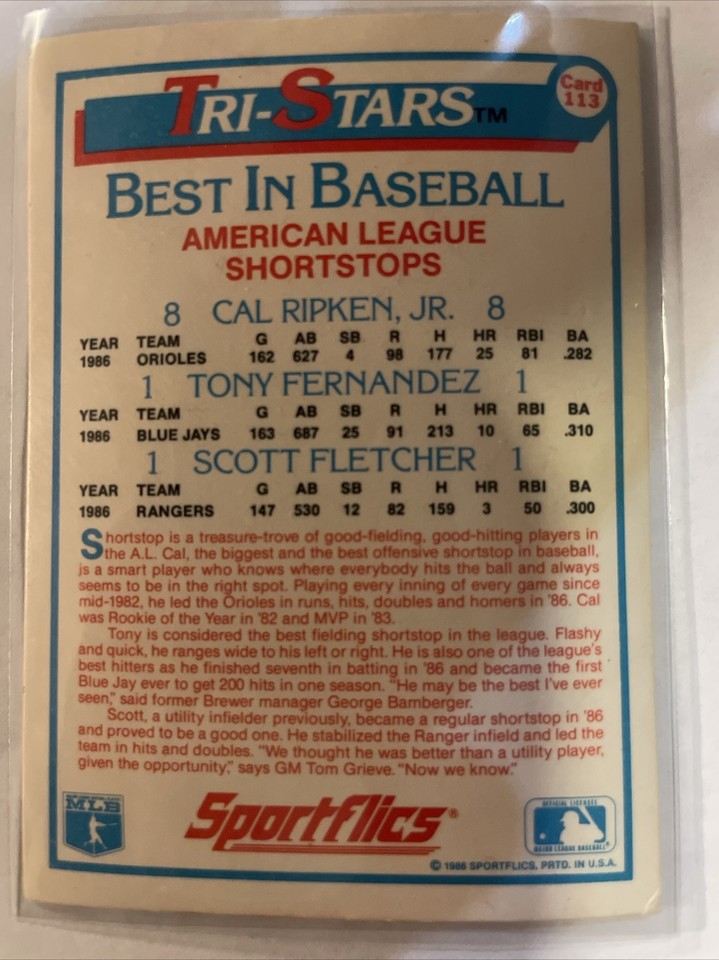 1986 Sport Flics Hologram Best AL SS in Baseball - Ripken, Fernandez ...