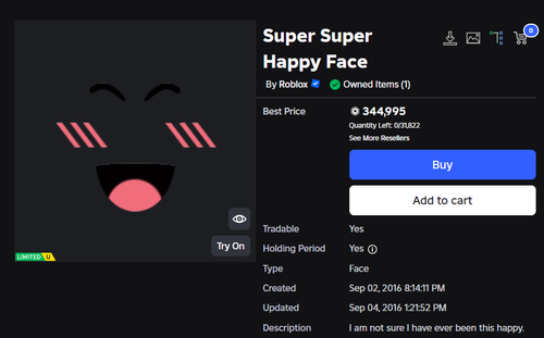 Super Super Happy Face Roblox Virtual Item SSHF [READ DESCRIPTION ...