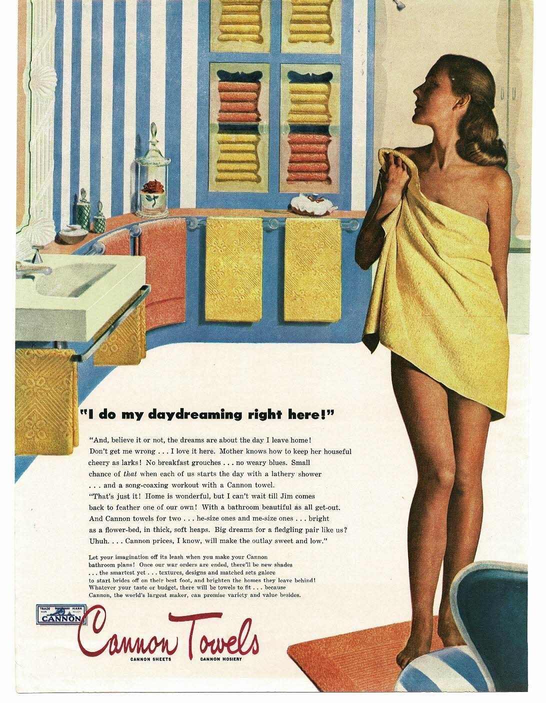 1945 Cannon Bath Towels colorful Woman wearing nothing but towel Print ...