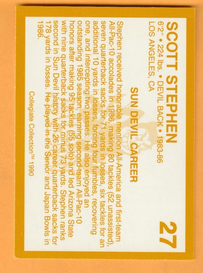 Scott Stephen Arizona State Sun Devils AUTO Signed 1990 Card Green Bay ...