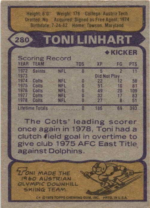 1979 Topps Toni Linhart #280 Baltimore Colts | eBay