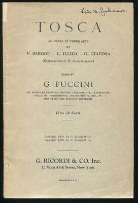 TOSCA Libretto Puccini Opera in Three Acts w/English G. Ricordi & Co ...