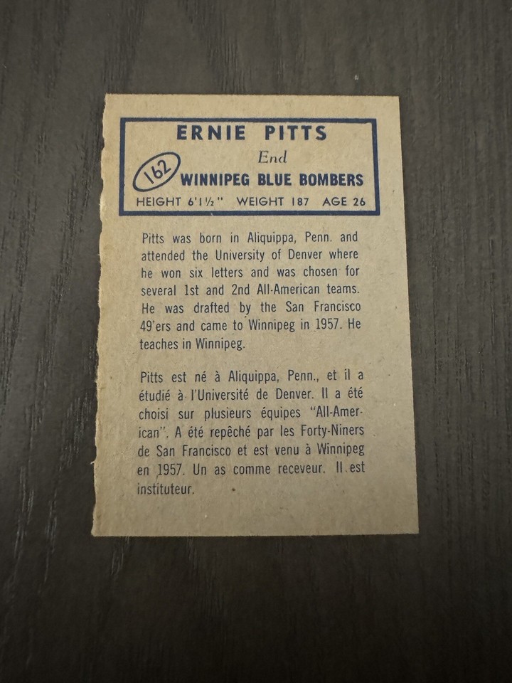 1962 Topps CFL #162 ERNIE PITTS Winnipeg Blue Bombers Football Card | eBay