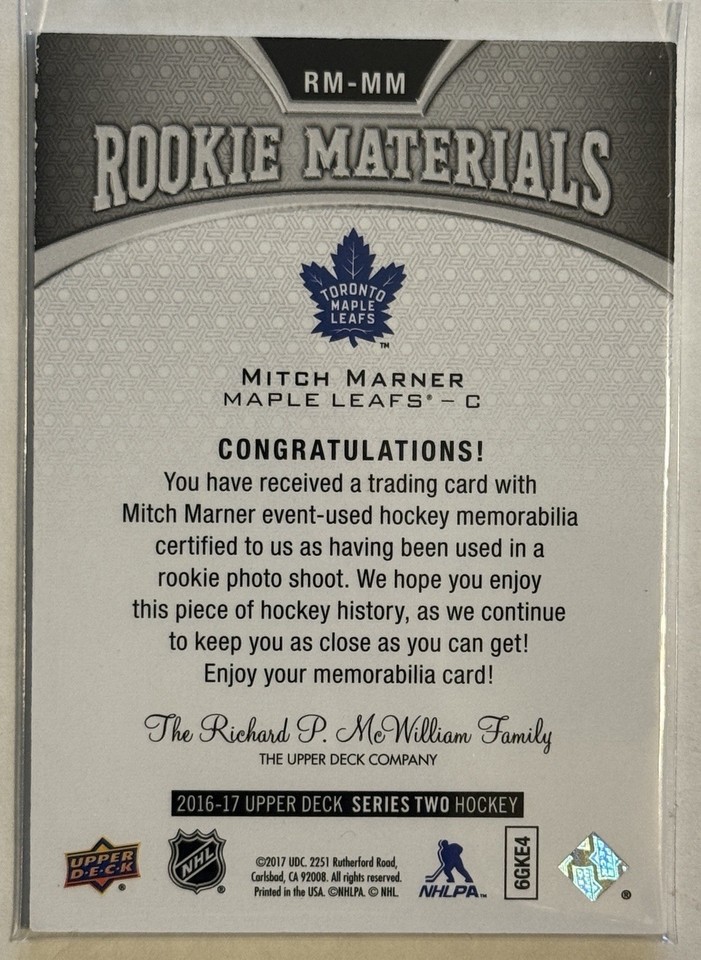 Mitch Marner 2016-17 Upper Deck Rookie Materials #RM-MM Toronto Maple ...