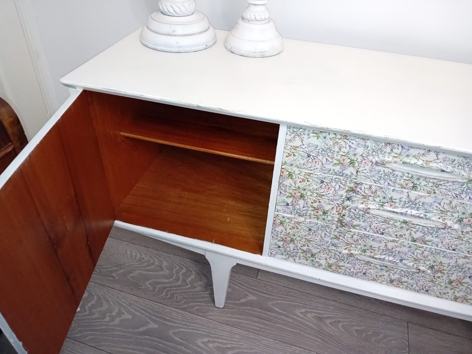 Mid Century Teak Sideboard Upcycled Decoupage On Drawers. Painted White ...