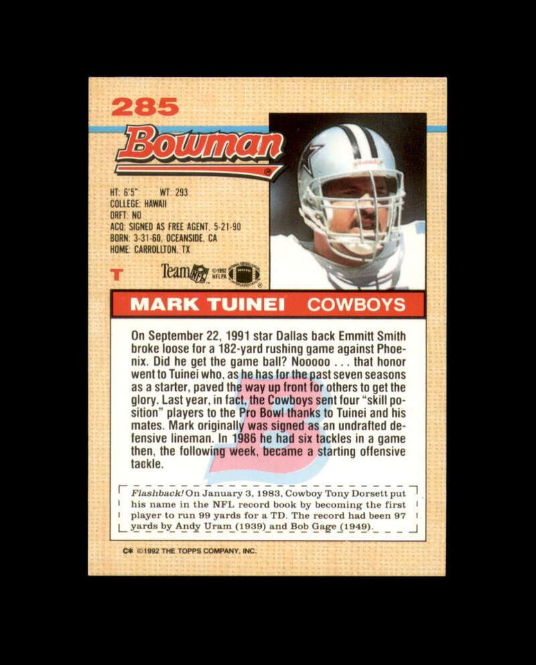 Mark Tuinei Hand Signed 1992 Bowman Dallas Cowboys Autograph | eBay