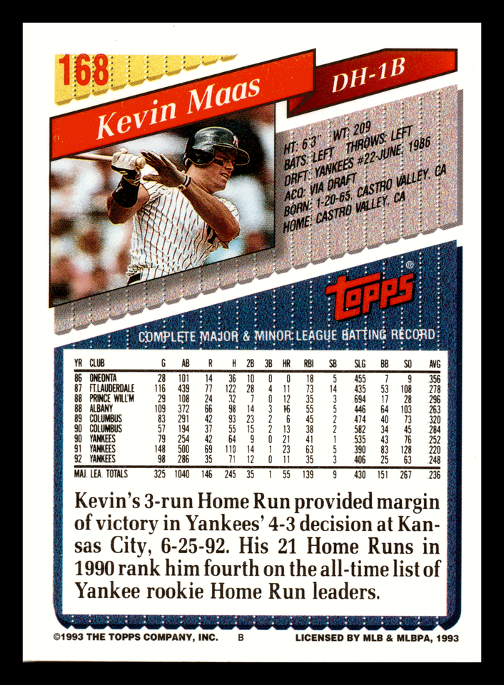 1993 Topps Kevin Maas New York Yankees #168 NM-MINT | eBay