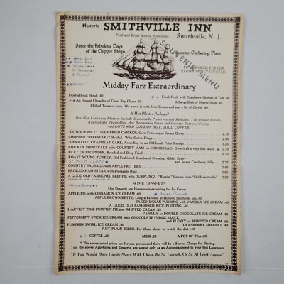 Vintage 60s Historic Smithville Inn Menu Famous Smithville New Jersey ...