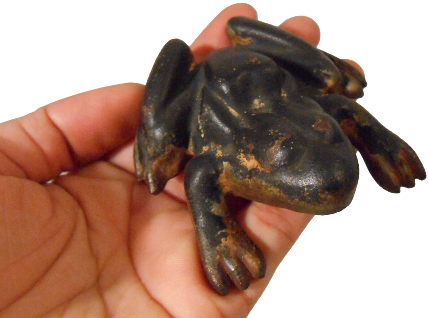 EARLY 20TH C AMERICAN FOLK ART ANTIQUE HAND PNTD CAST IRON BULLFROG ...