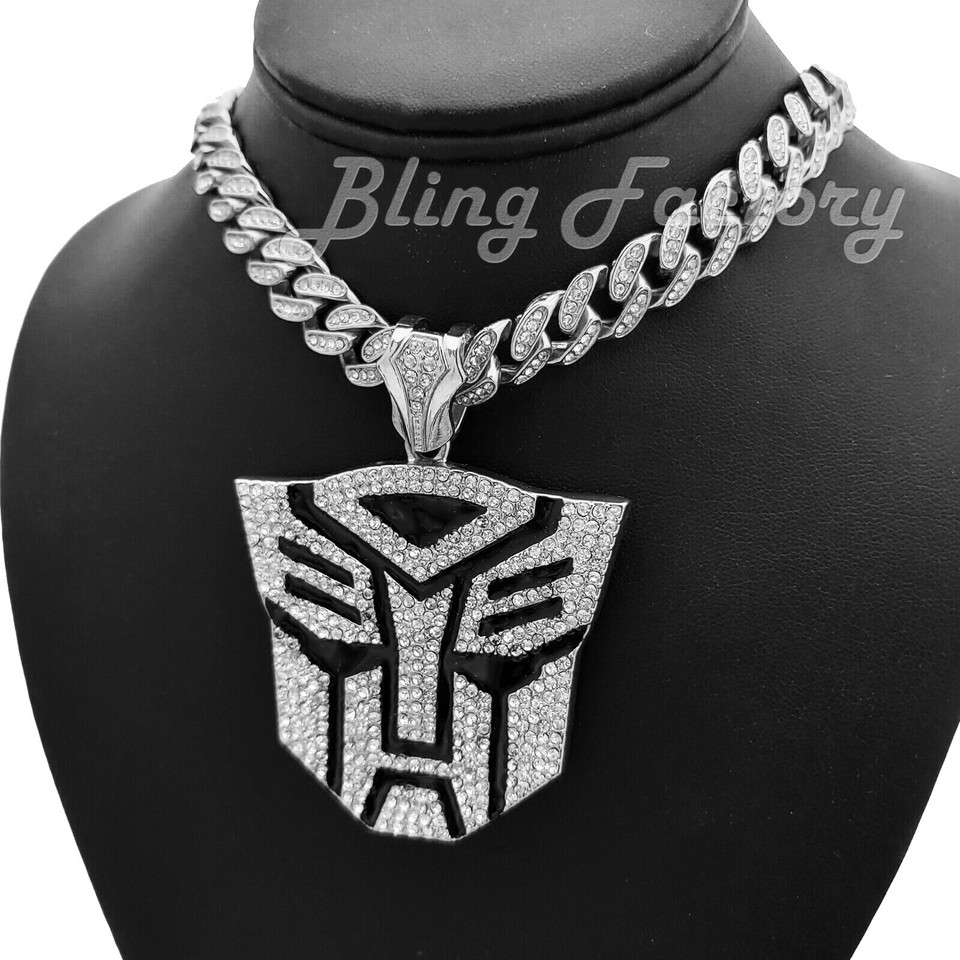 TRANSFORMER AUTOBOT Bling pendant 16" 18" 20" Iced Box Lock Cuban Chain ...