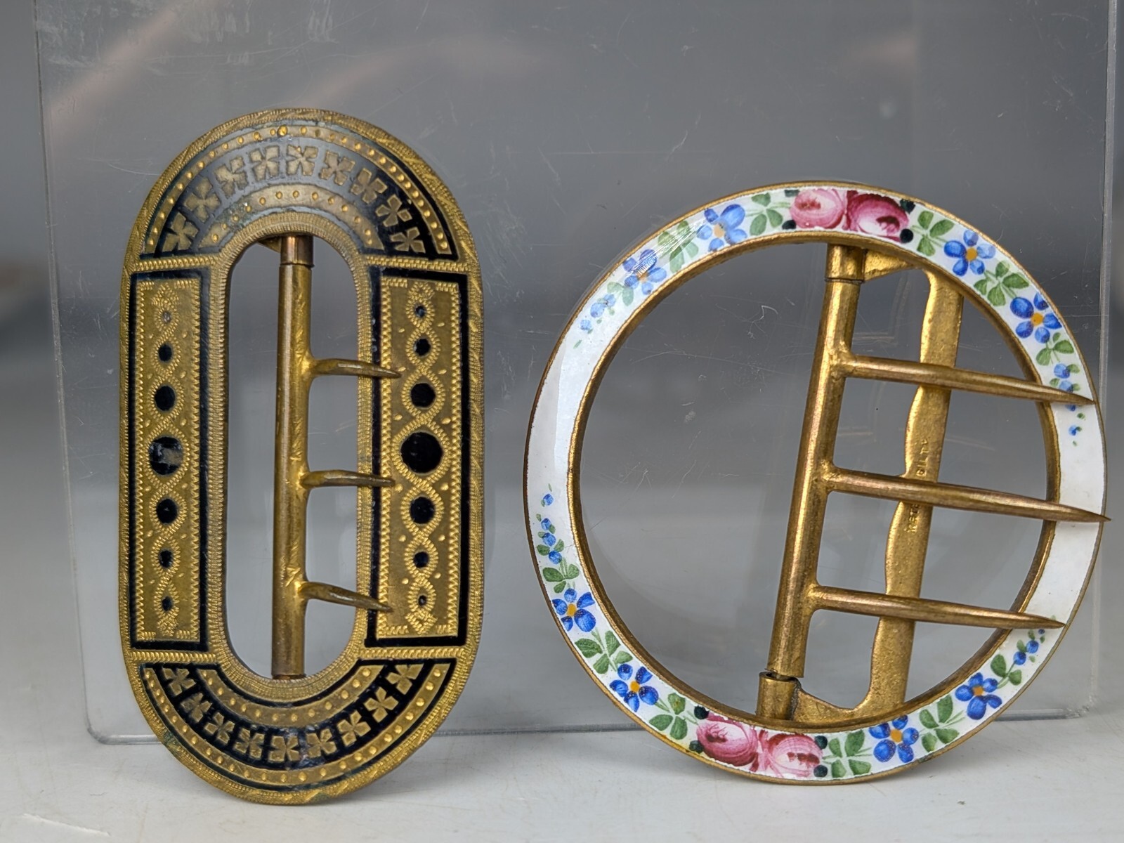 Antique Late 1800s Victorian Enamel Buckle x2 Flowers… - Gem