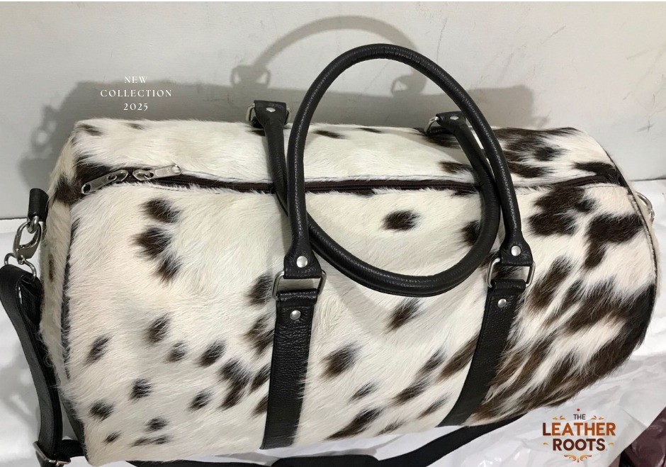 Cowhide Leather Duffel Bag | Cow hide Hair On Tricolor Weekender bag ...