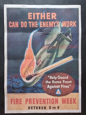 1942 WW2 USA AMERICA BOMB AGAINST FIRE PREVENTION MATCHES PROPAGANDA ...