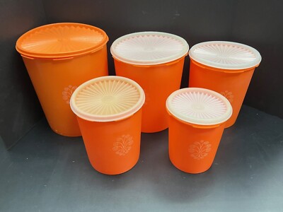 5 Vintage TUPPERWARE Orange Retro Servalier Lid Canister Stacking Set ...