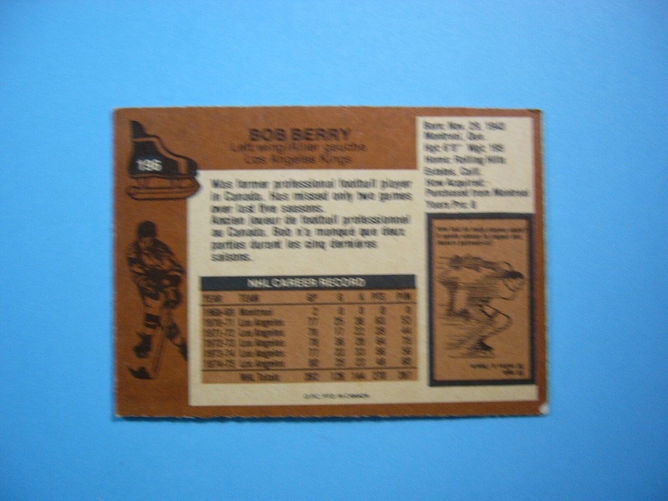 1975/76 O-PEE-CHEE NHL HOCKEY CARD #196 BOB BERRY EX AUTO AUTOGRAPH 75/ ...